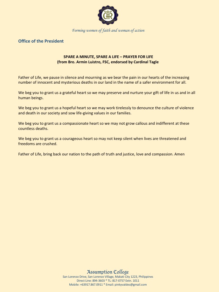 Assumption President's Letter on "Kian Delos Santos" - Assumption College