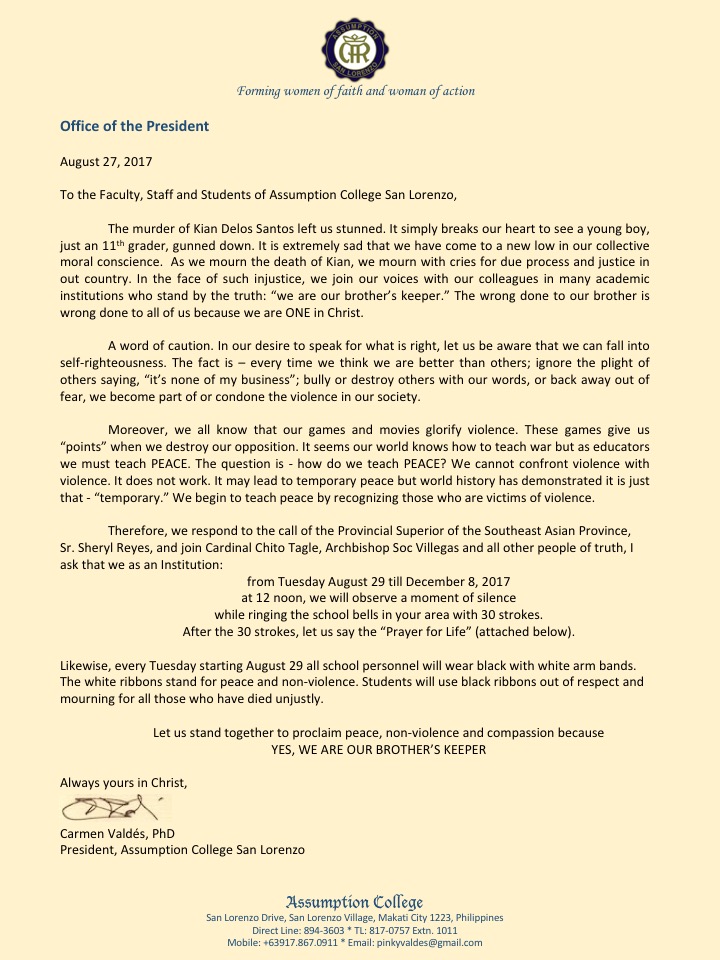 Assumption President's Letter on "Kian Delos Santos" - Assumption College